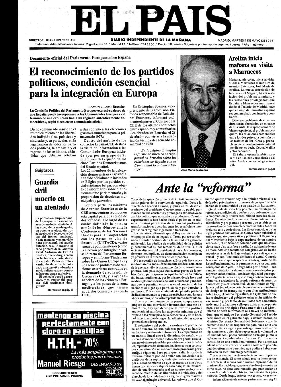 Primera portada del periódico El País de 1976 – Prensa Histórica